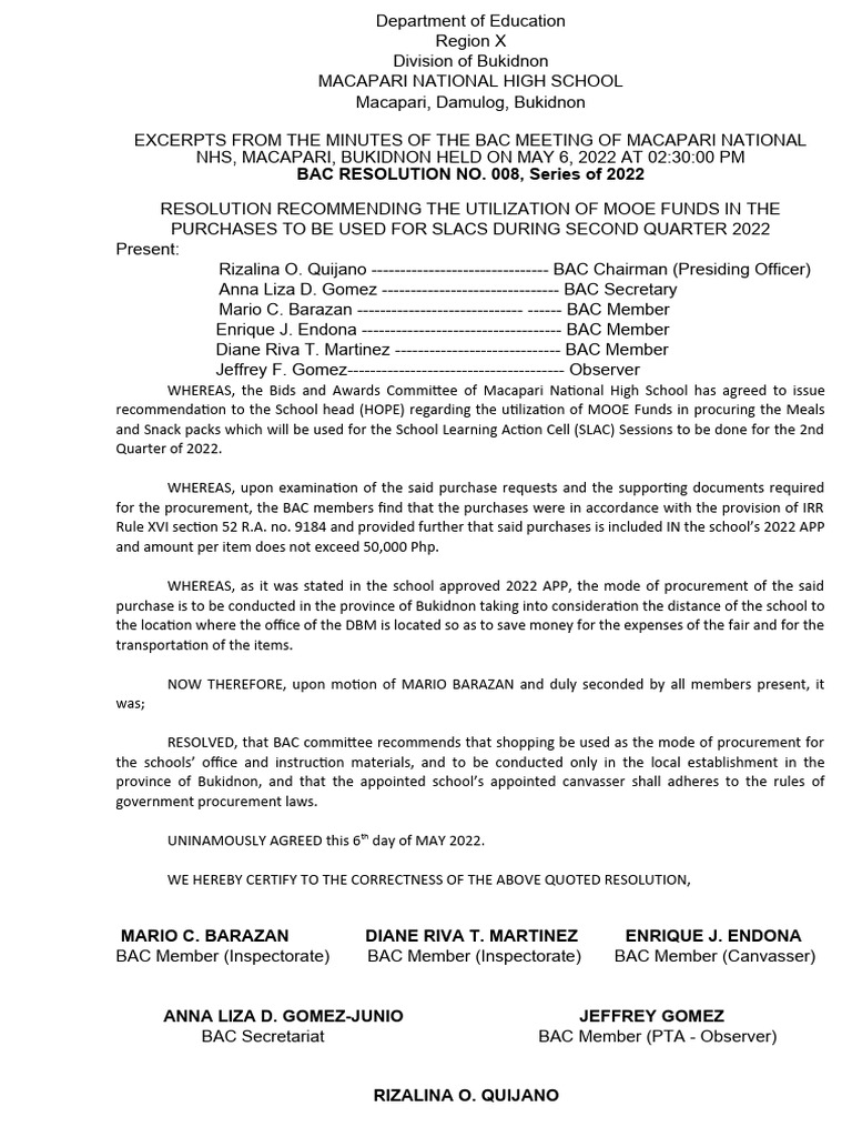 BAC Reso Utilization of MOOE To Slacs (2nd Quarter) 2022 | PDF | Government
