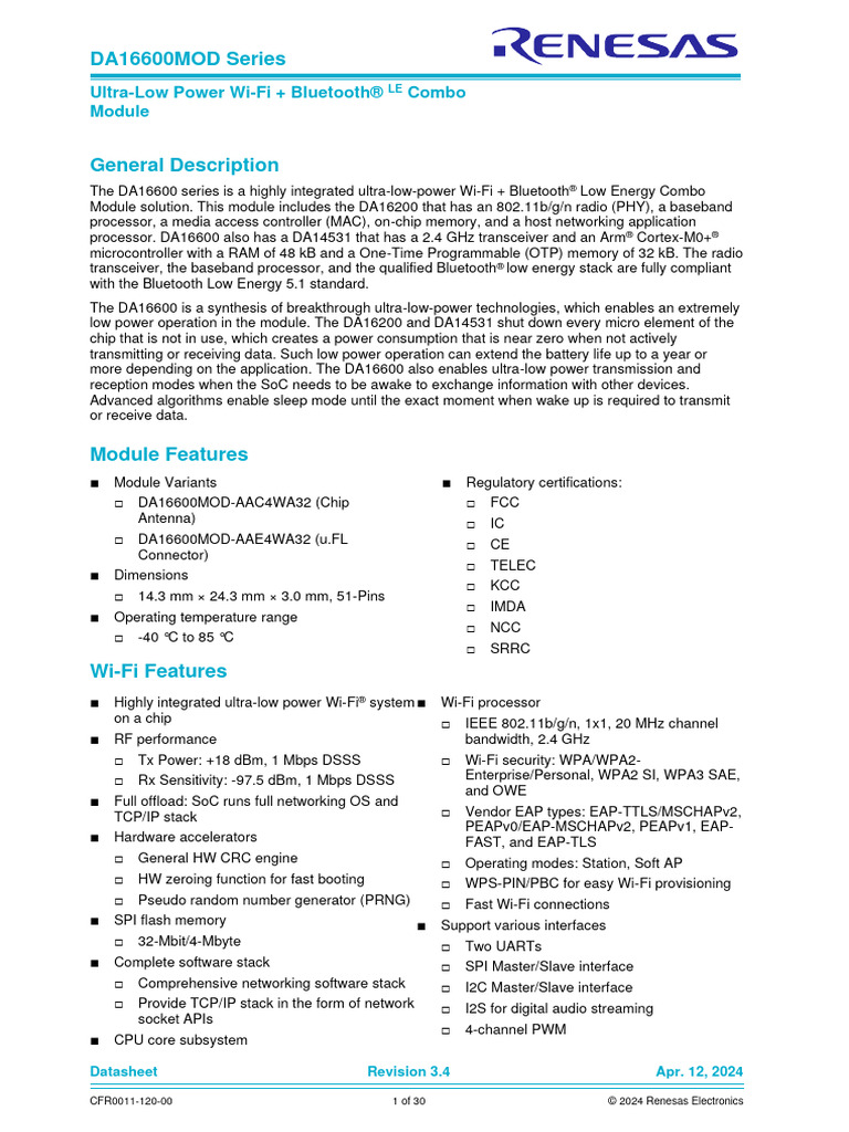 DA16600MOD-Renesas | PDF | Bluetooth | Wi Fi