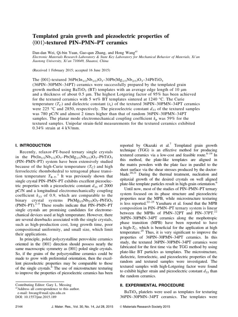 2015 Templated Grain Growth and Piezoelectric Properties of PIN PMN PZT ...