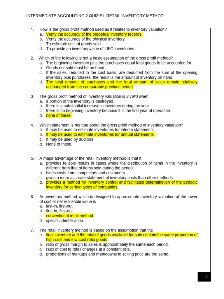 Quiz 1 Retail Inventory Method | PDF | Inventory Valuation | Inventory