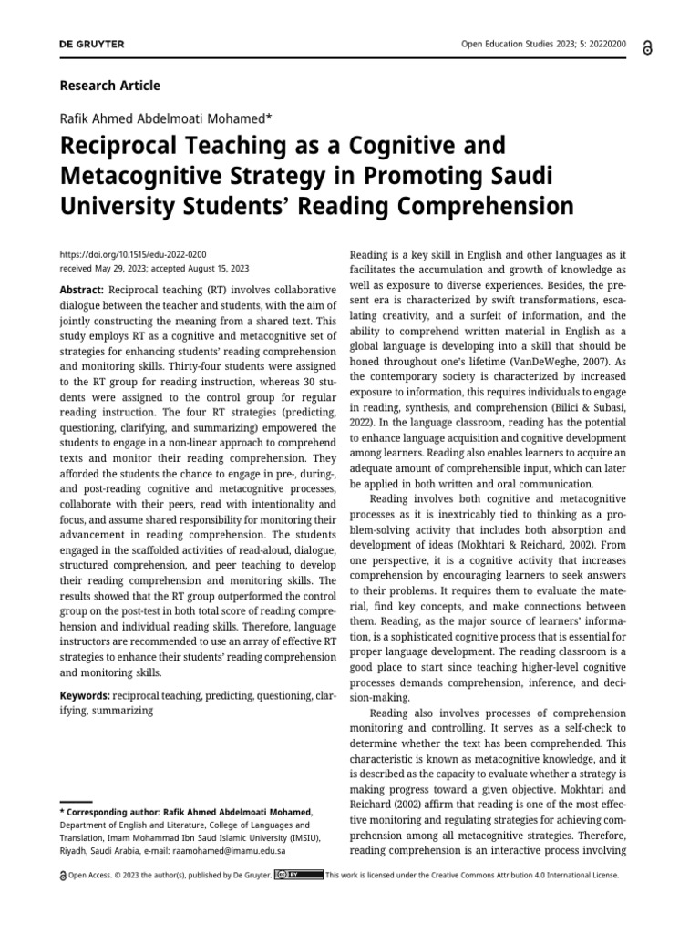 Reciprocal Teaching As A Cognitive and Metacogniti | PDF | Reading Comprehension | Metacognition