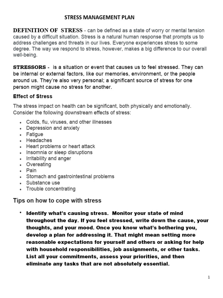 Stress Management Plan | PDF | Stress (Biology) | Stress Management