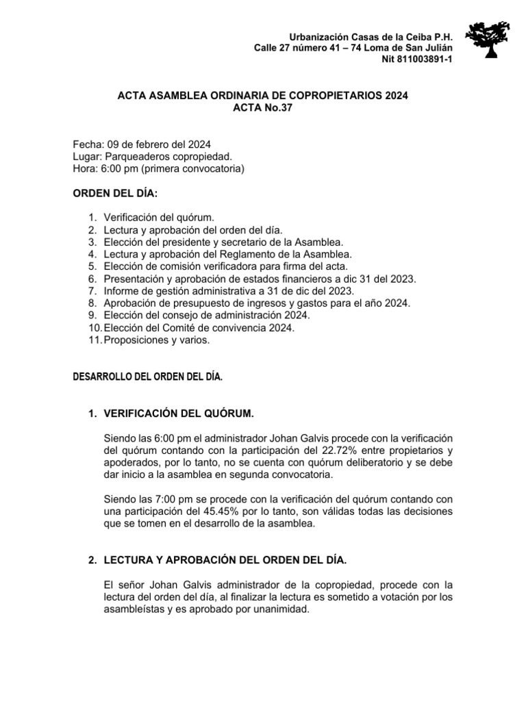Acta de Asamblea 2024 | PDF | Condominio | Presupuesto
