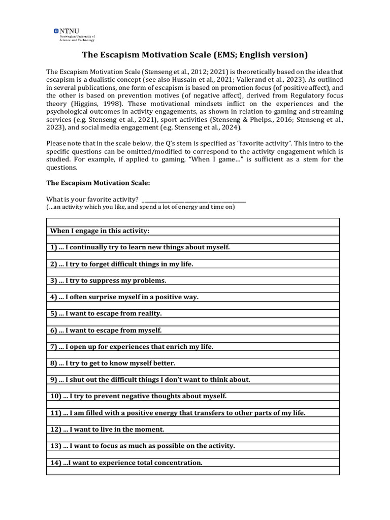 Escapism Motivation Scale Overview | PDF | Psychology | Factor Analysis