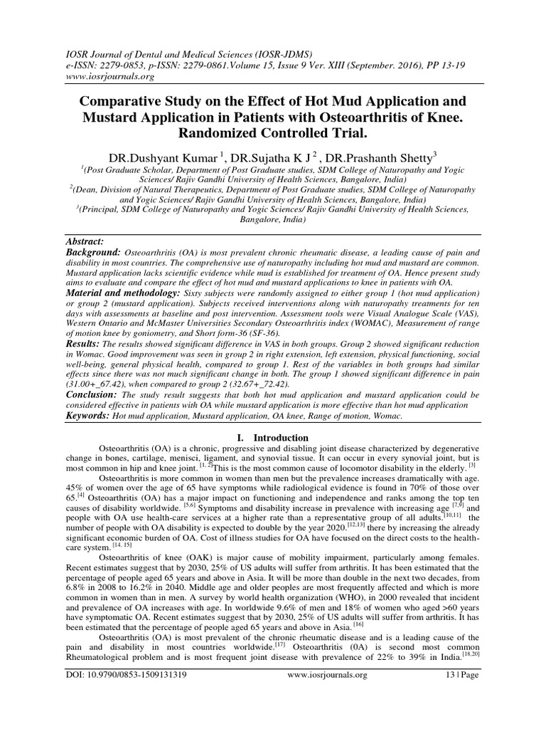 Hot Mud Vs Mustard Pack For OAK - Dr. Dushyant | PDF | Osteoarthritis | Naturopathy