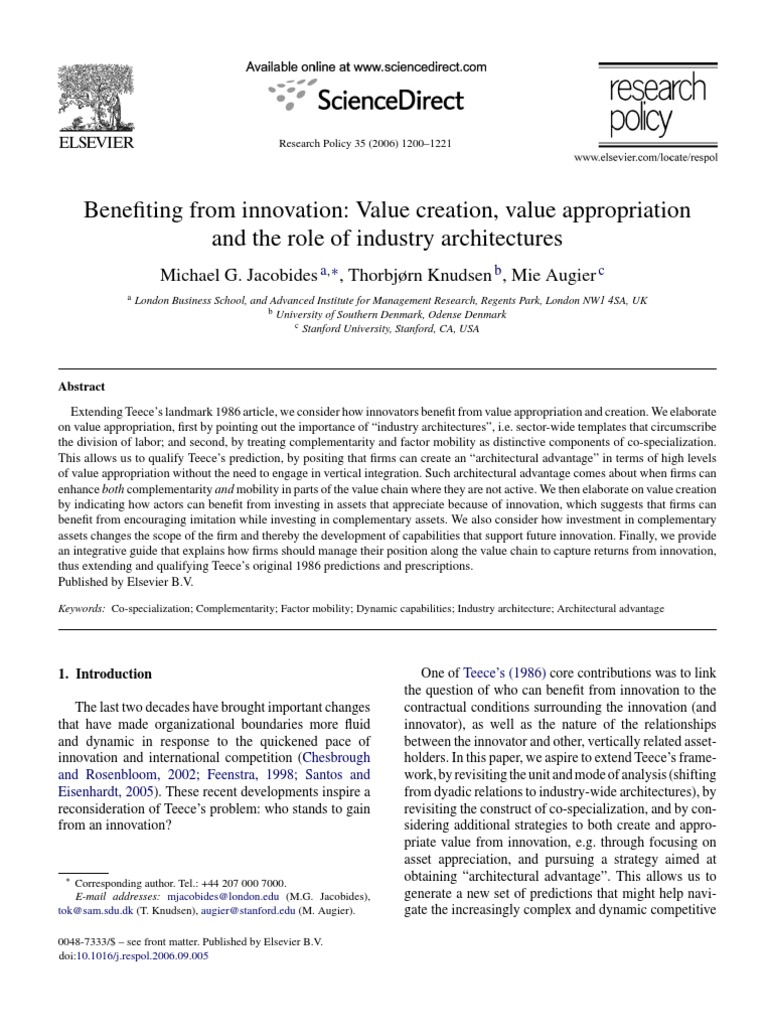 Benefiting From Innovation Value Creation, Value Appropriation and The Role of Industry ...
