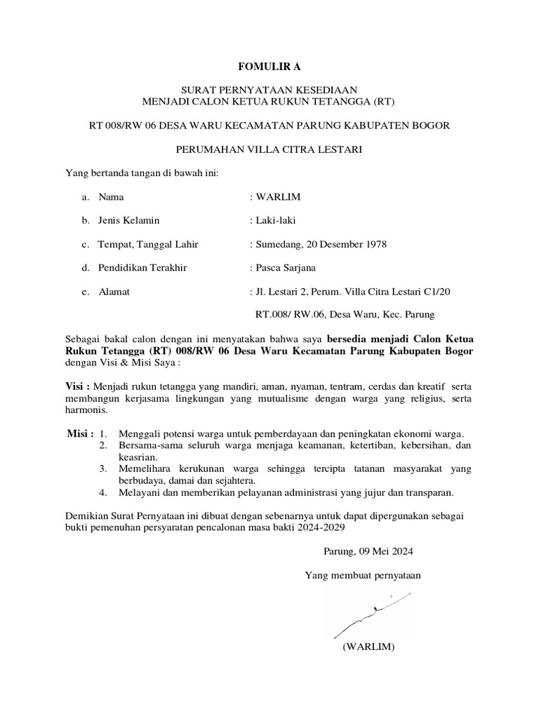 Formulir Pendaftaran - Ketua RT-1 | PDF