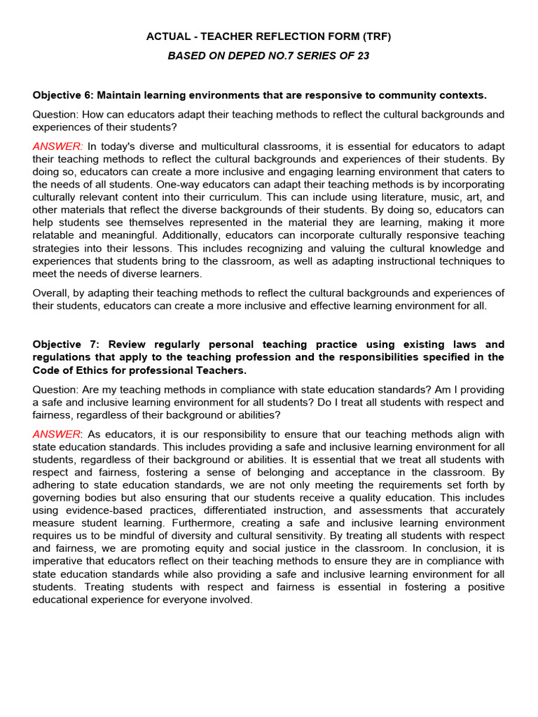 TRF Objectives 6 10 | Download Free PDF | Teachers | Teaching Method