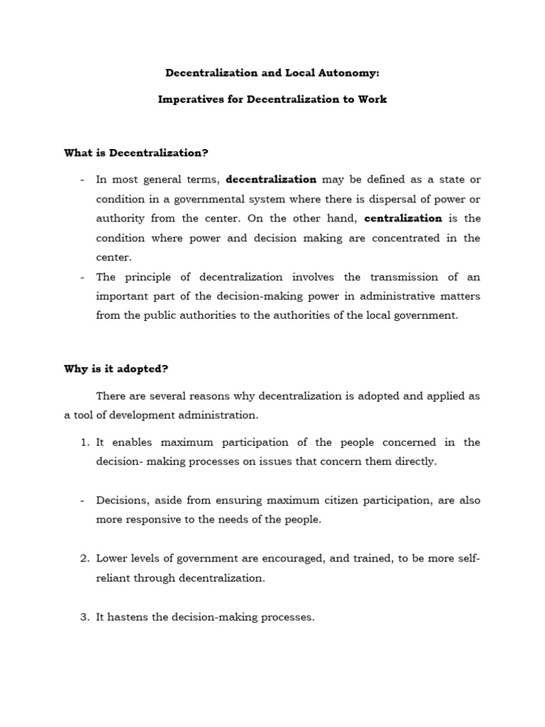 Imperatives of Decentralization and Local Autonomy | Download Free PDF ...