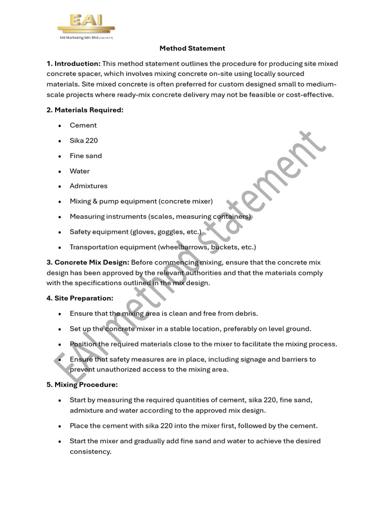 Method - Statement For Self Loading Mixer | PDF | Concrete