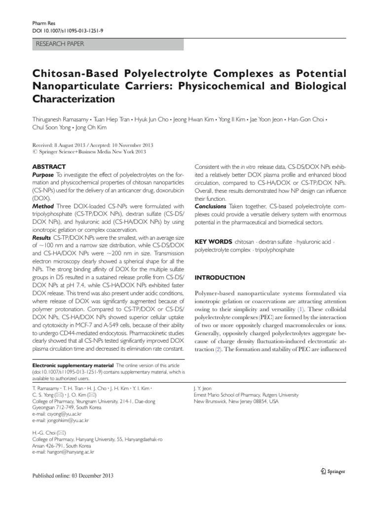 Chitosan-Based Polyelectrolyte Complexes As Potential | PDF | Pharmacokinetics | Cytotoxicity