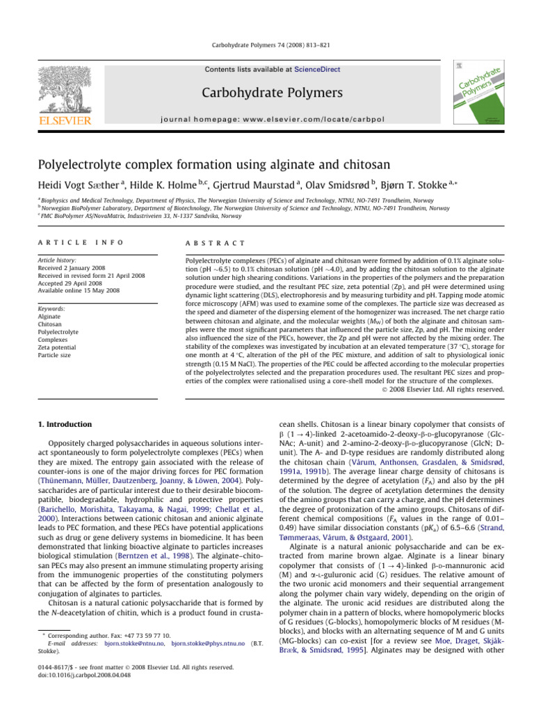 Polyelectrolyte Complex Formation Using Alginate and Chitosan | PDF | Atomic Force Microscopy | Ph