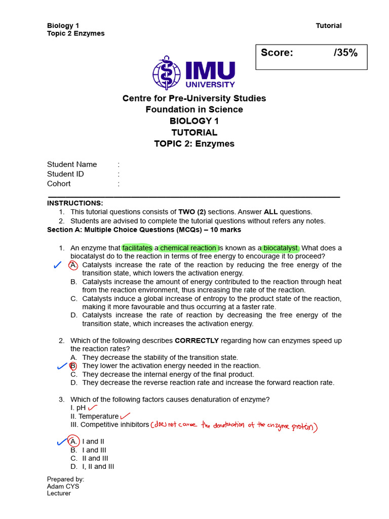 Tutorial Topic 2 Enzymes | PDF | Enzyme | Active Site