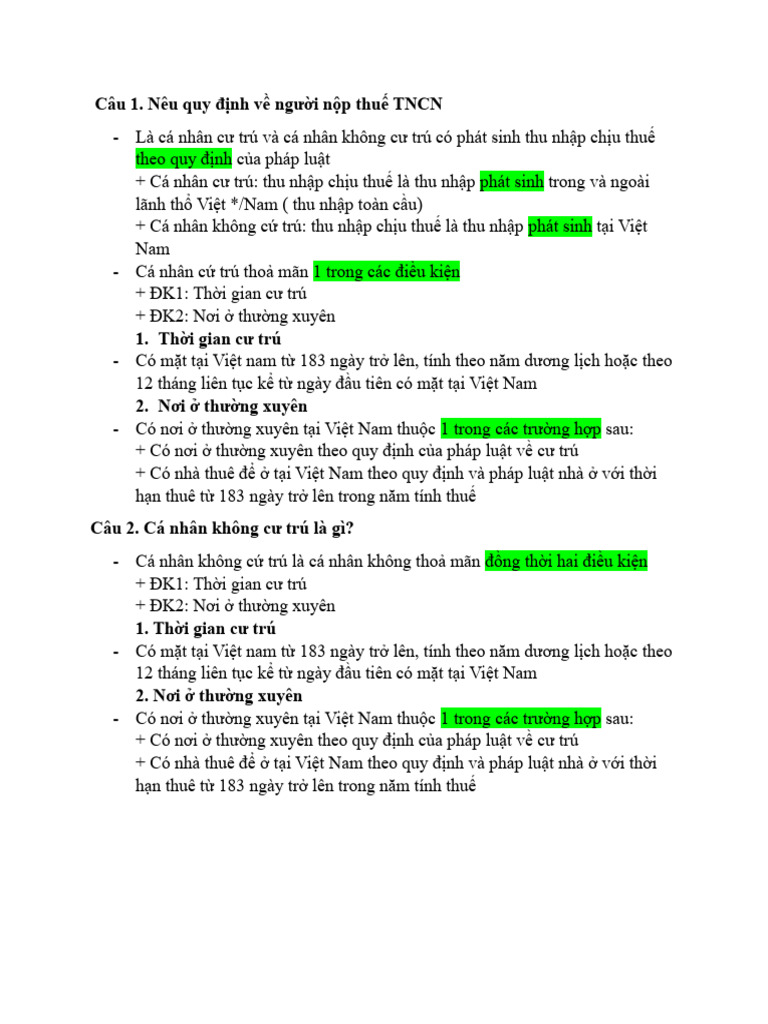 THUẾ TNCN - CÂU HỎI | PDF