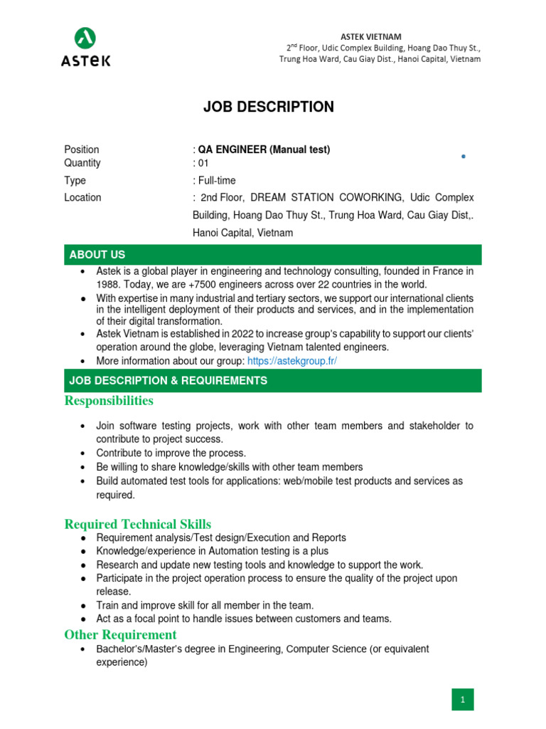 (Astek JD) - QA Engineer - Hanoi T9.2023 | PDF | Computing | Information Technology