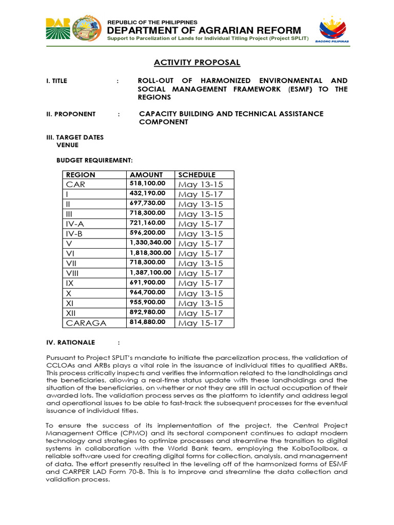 Activity Proposal Rollout of The Harmonized ESMF and CARPER LAD Forms ...