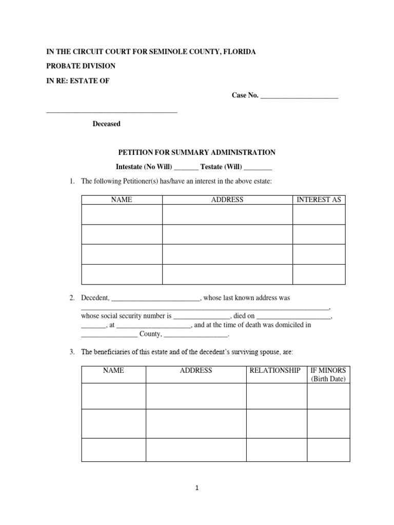 Florida Estate Summary Administration Petition | PDF | Intestacy | Probate