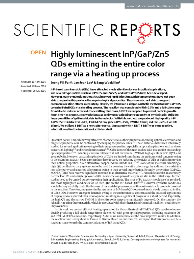 GaP - 2016 - Sci. Reports - InP - GaP - ZNS Core - Inner Shell - Shell QDs Emitting Entire Color ...
