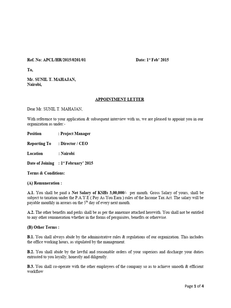Project Manager Appointment Letter | PDF | Employee Benefits | Salary