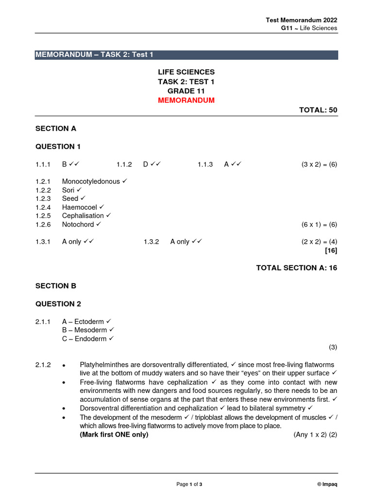 Life Sciences Task 2: Test 1 Grade 11 TOTAL: 50 Section A | PDF ...