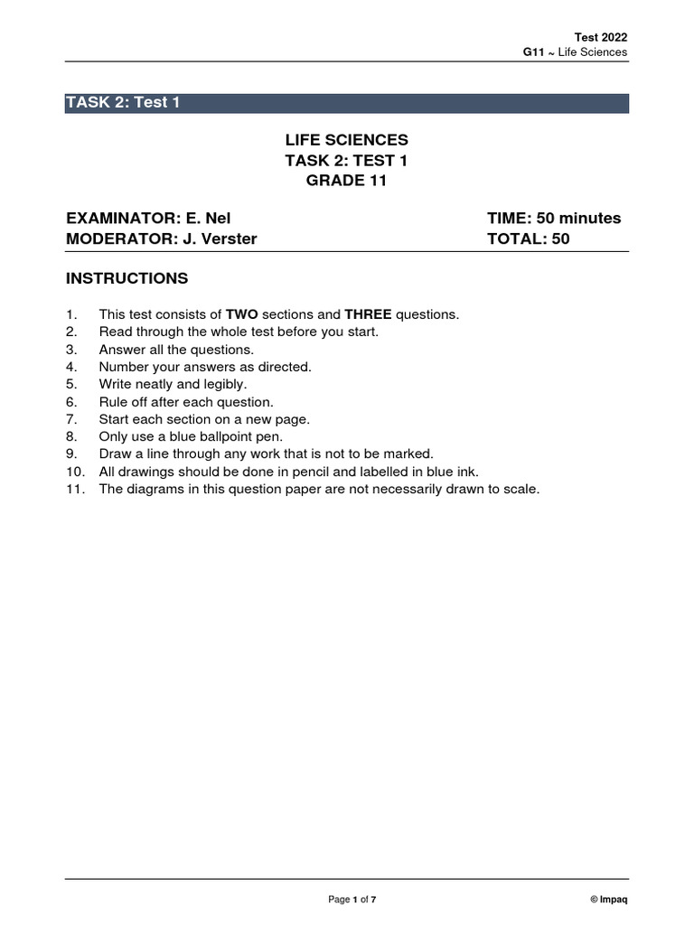 Life Sciences Task 2: Test 1 Grade 11 Examinator: E. Nel TIME: 50 ...