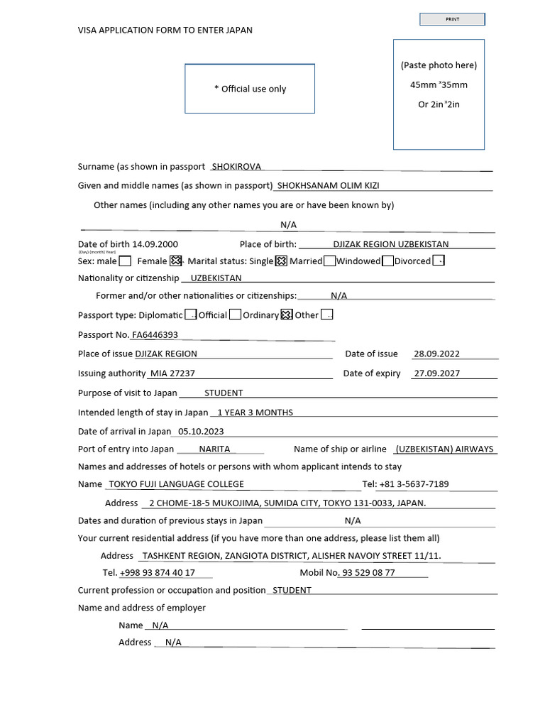 Japan Visa Application Form for Students | PDF | Travel Visa | Prostitution