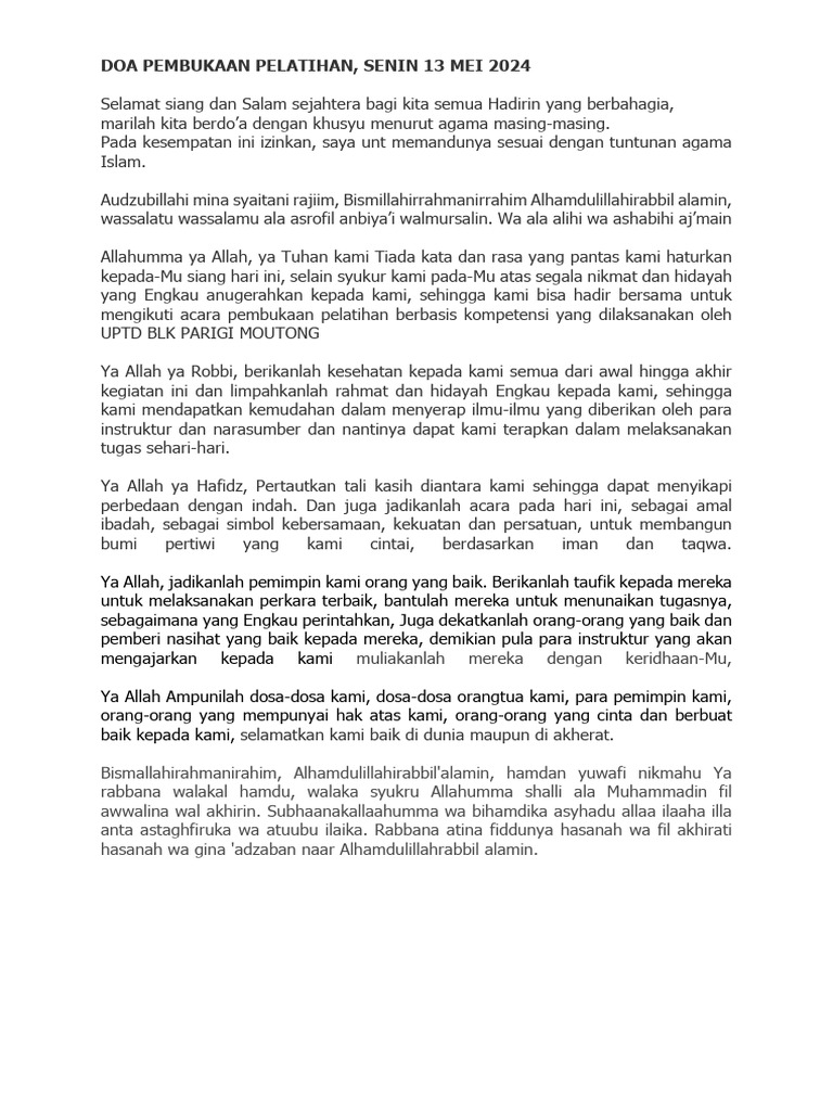 Doa Pembukaan Pelatihan | PDF | Agama & Spiritualitas | Gaya Hidup