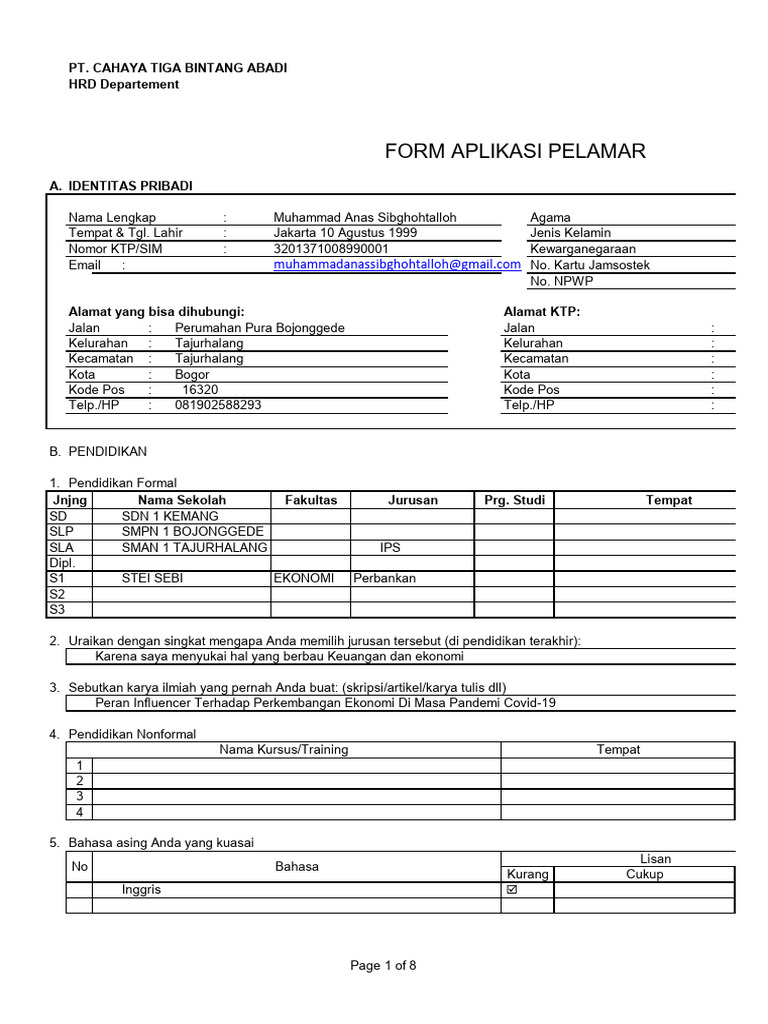 Form Aplikasi Pelamar Kandidat | PDF