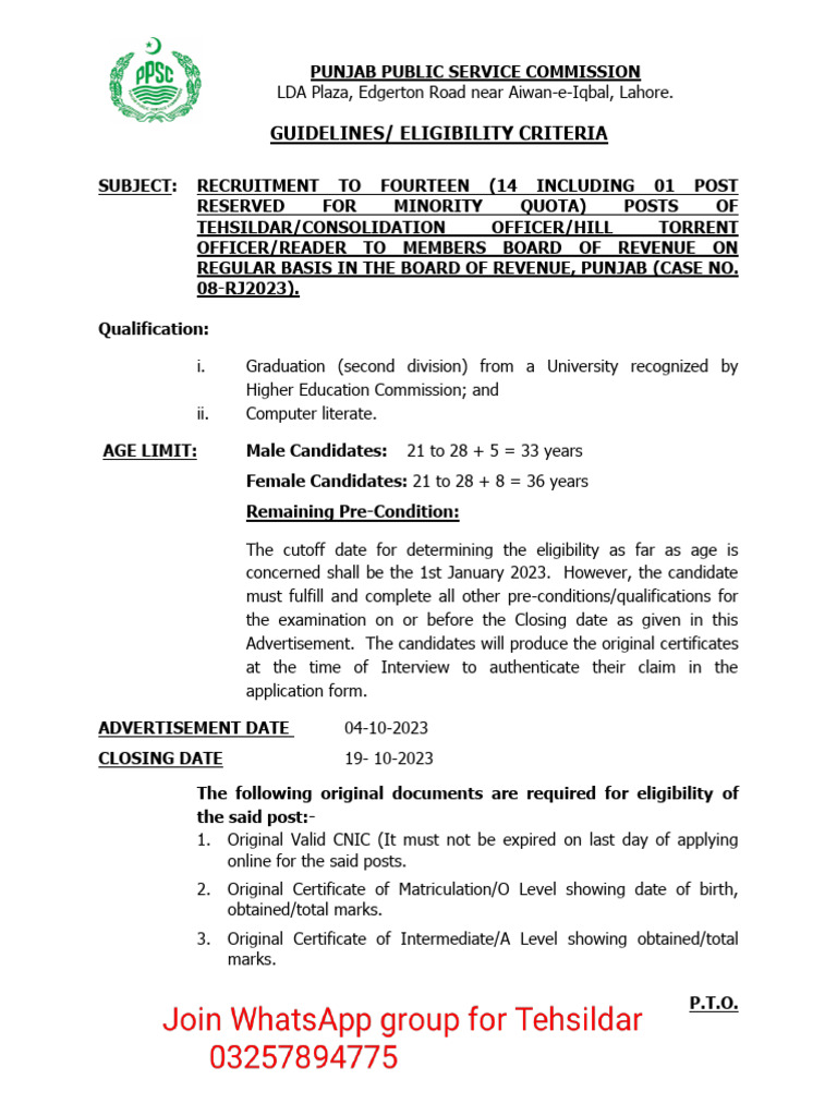 Tehsildar Exam Eligibility in Punjab | PDF