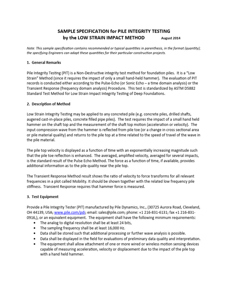 Sample Specification For Pile Integrity Testing by The Low Strain ...