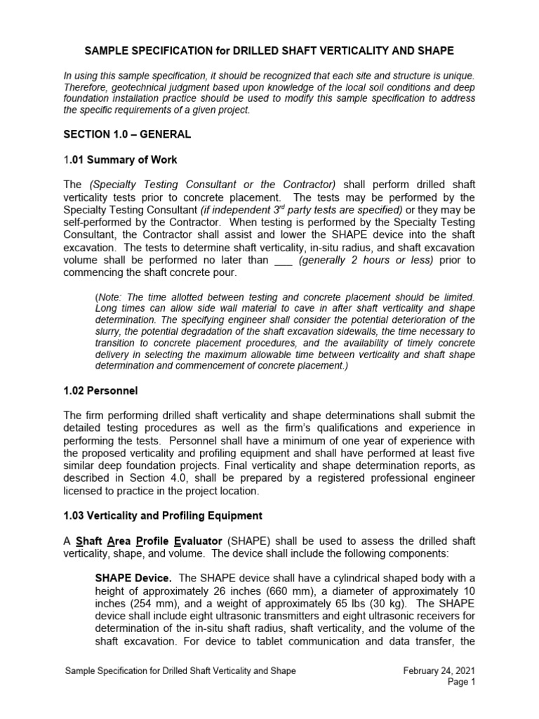 Sample Specification For Drilled Shaft Verticality and SHAPE | Download ...