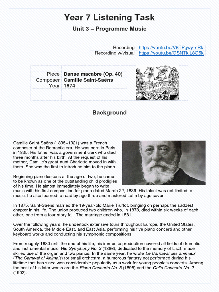 Y7 Danse Macabre - Listening Task | PDF | Camille Saint Saëns | The ...