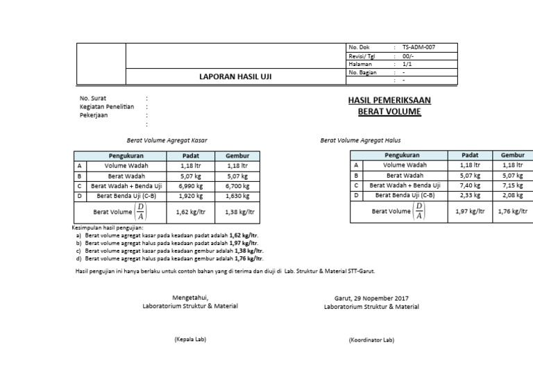 Form Pemeriksaan Berat Volume Agregat | PDF
