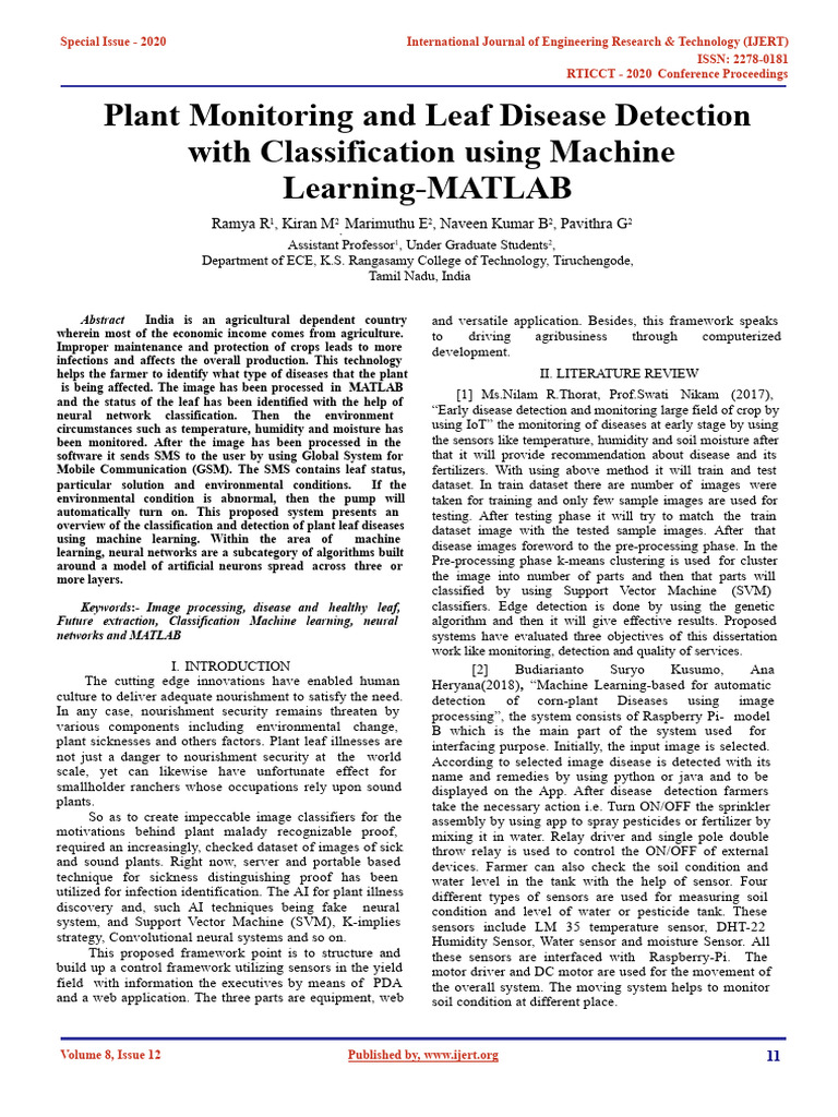 Plant Monitoring and Leaf Disease Detection With Classification Using Machine Learning Matlab ...