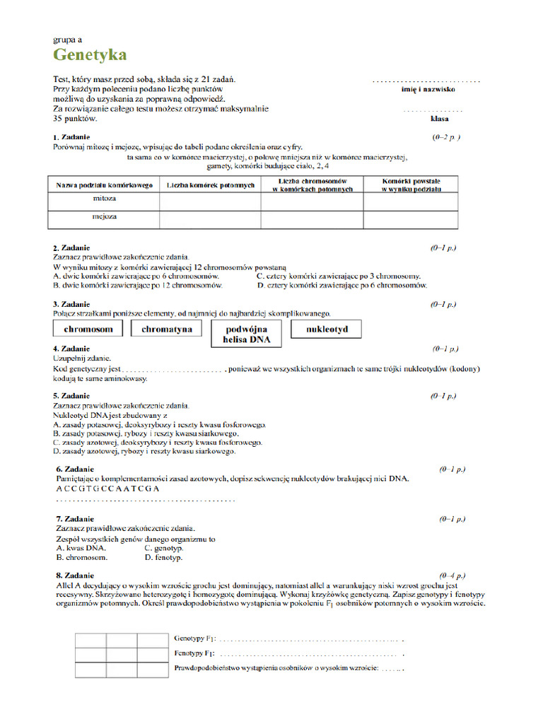 Genetyka Test Klasa 8 | PDF