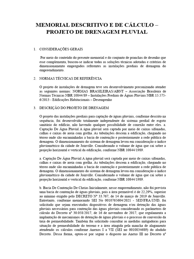 Memorial Descritivo e de Cálculo Drenagem | PDF | Chuva | Geociências
