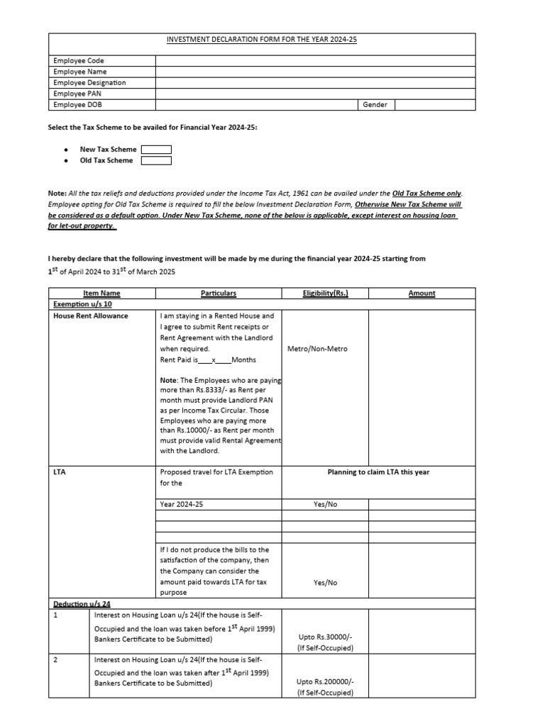Investment Declaration Form - (FY 24-25) | PDF | Renting | Taxes