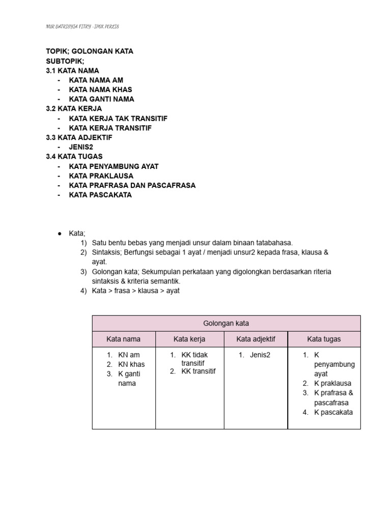 Short Notes t3 Golongan Kata - Notesbybat | PDF