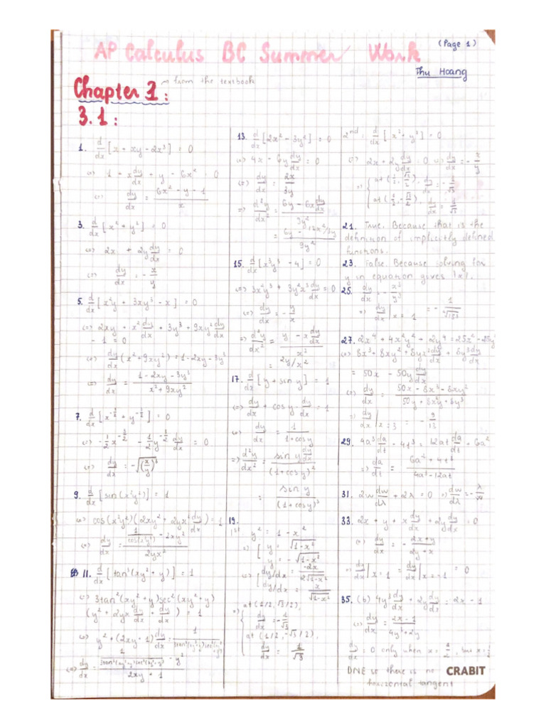 AP Calc BC Summer Assignment - Textbook Problems | PDF