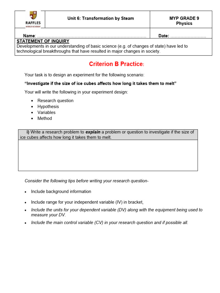 Criterion B - How To Design An Investigation - Practice Task ...