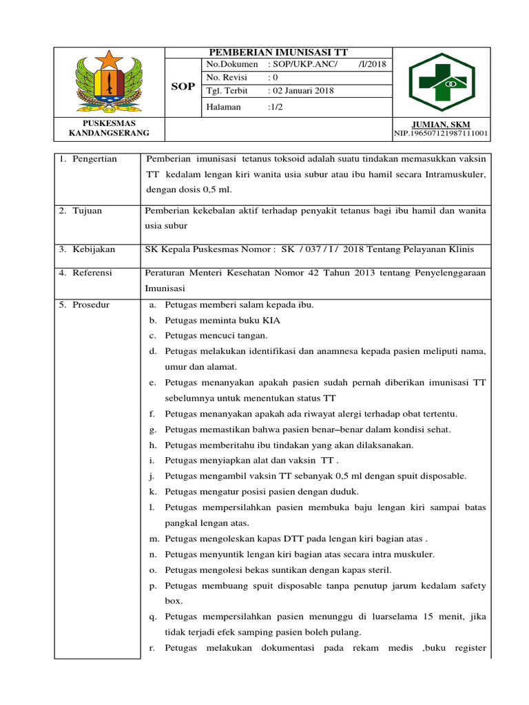 SOP Imunisasi TT di Puskesmas | PDF