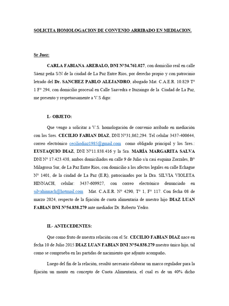 Solicita Homologacion de Convenio Arribado en Mediacion Arebalo | PDF | Mediación