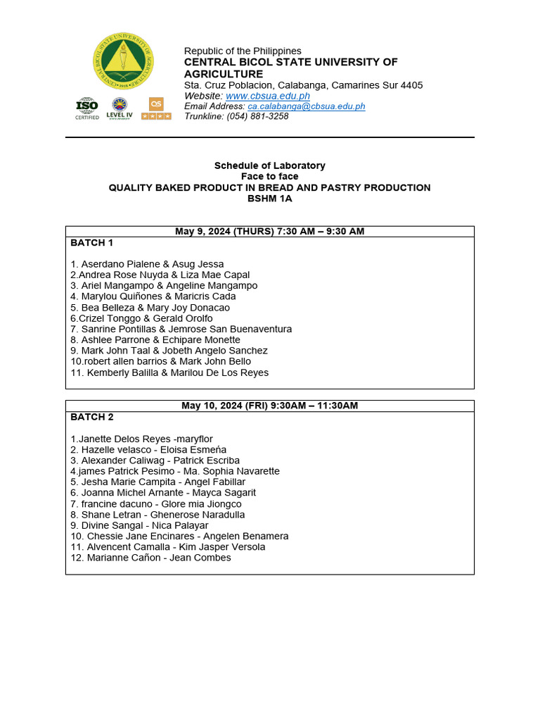 BSHM 1A Bread & Pastry Lab Schedule | PDF