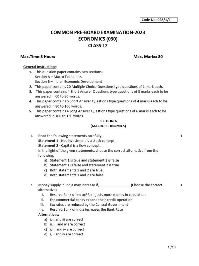 7.economics - Class 12 - Common Pre - Board-2023-Question-Paper | PDF | Labour Economics | Money