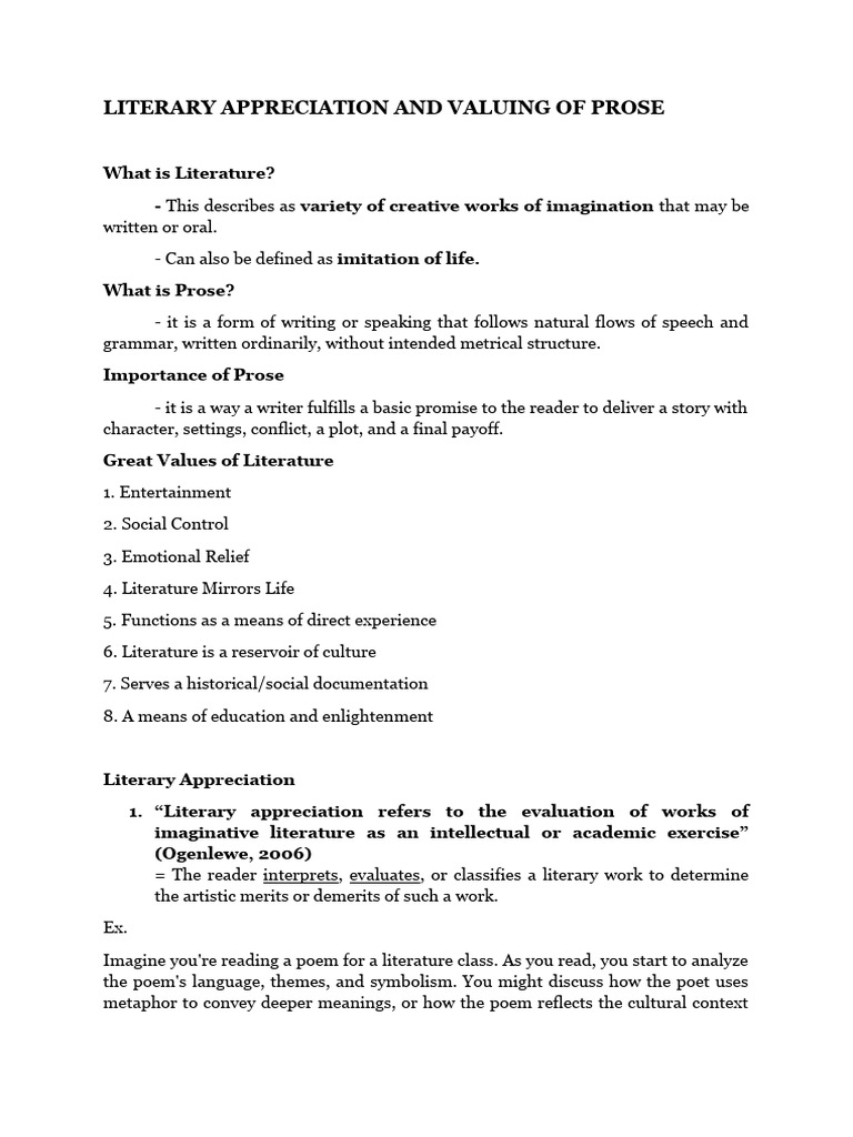 Handout Literary Appreciation and Valuing of Prose | PDF | Cognition ...