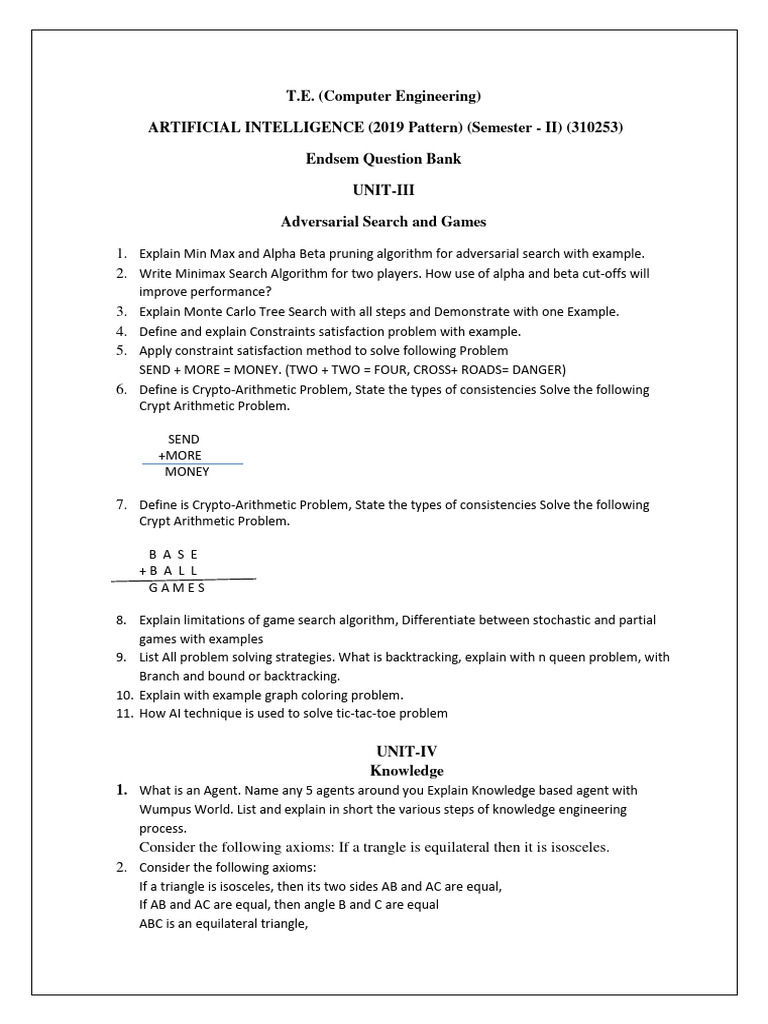 Imp Unitwise Ai Endsem Qb 2019 Pat Pdf Logic Artificial Intelligence
