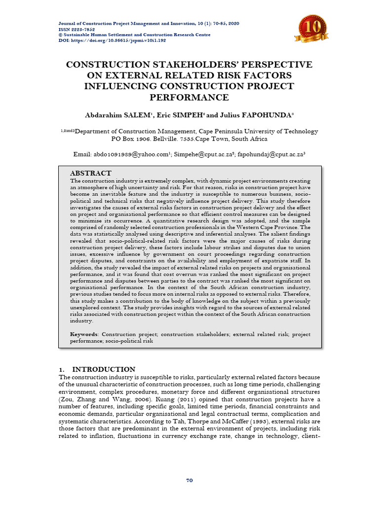 Construction Stakeholders' Perspective On External Related Risk Factors ...