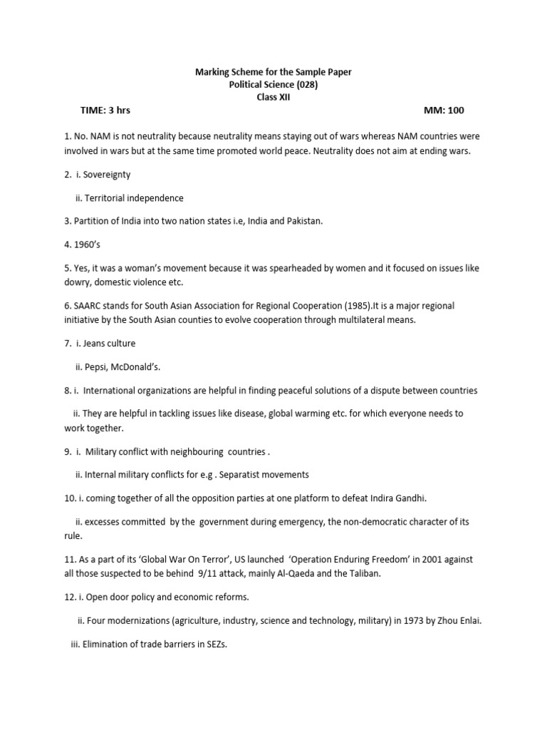 Pol Sci Marking Scheme For The Sample Paper | PDF | Soviet Union ...