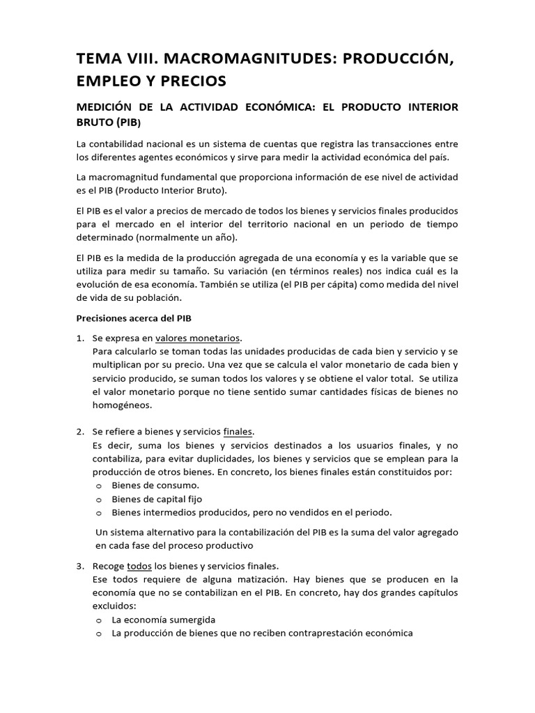 Tema Viii. Macromagnitudes. Producción, Empleo y Precios | PDF | Producto Interno Bruto | Costo ...