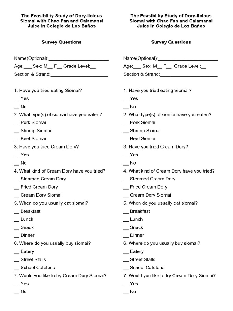 Survey Questions For A Feasibility Research | PDF | Lunch | Eating ...